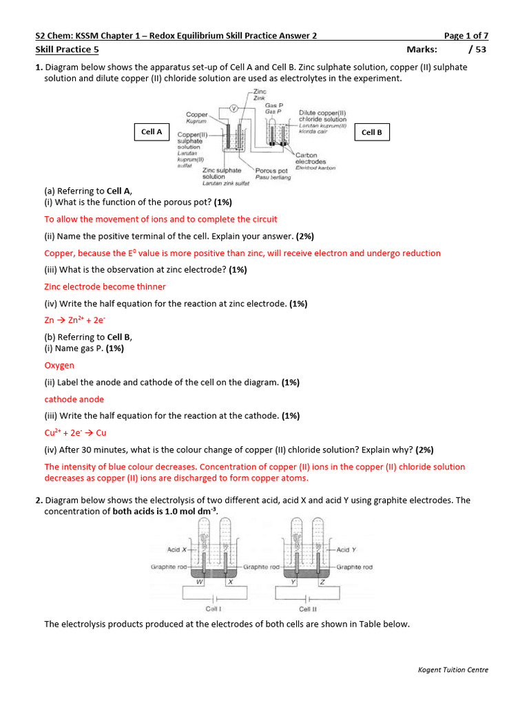 KSSM Chapter 1 - Redox Equilibrium Skill Practice Answer 2 | PDF | Redox | Anode