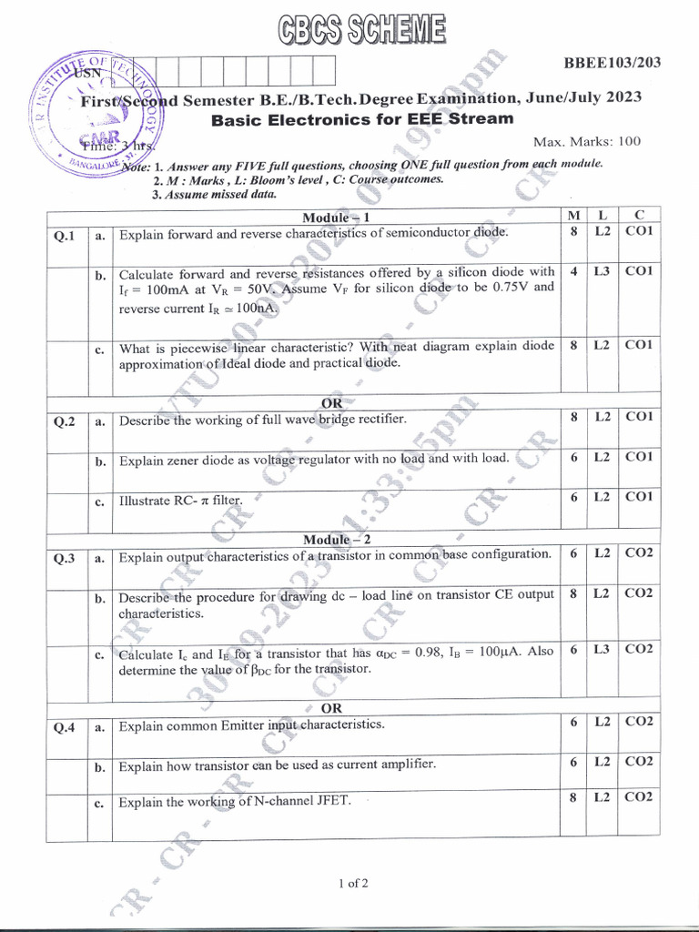 VTU Question Paper of BBEE203 Basic Electronics For EEE Stream June-July-2023 | PDF