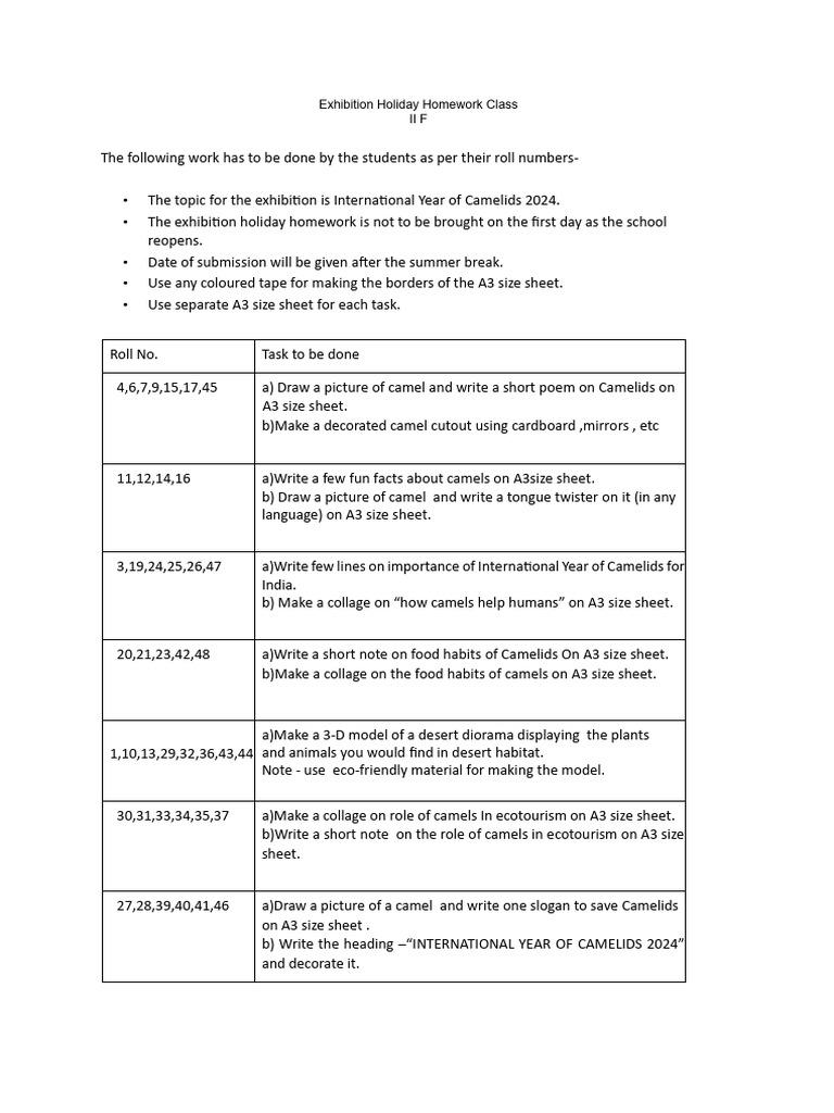 Exhibition Holiday Homework Class IIF | PDF