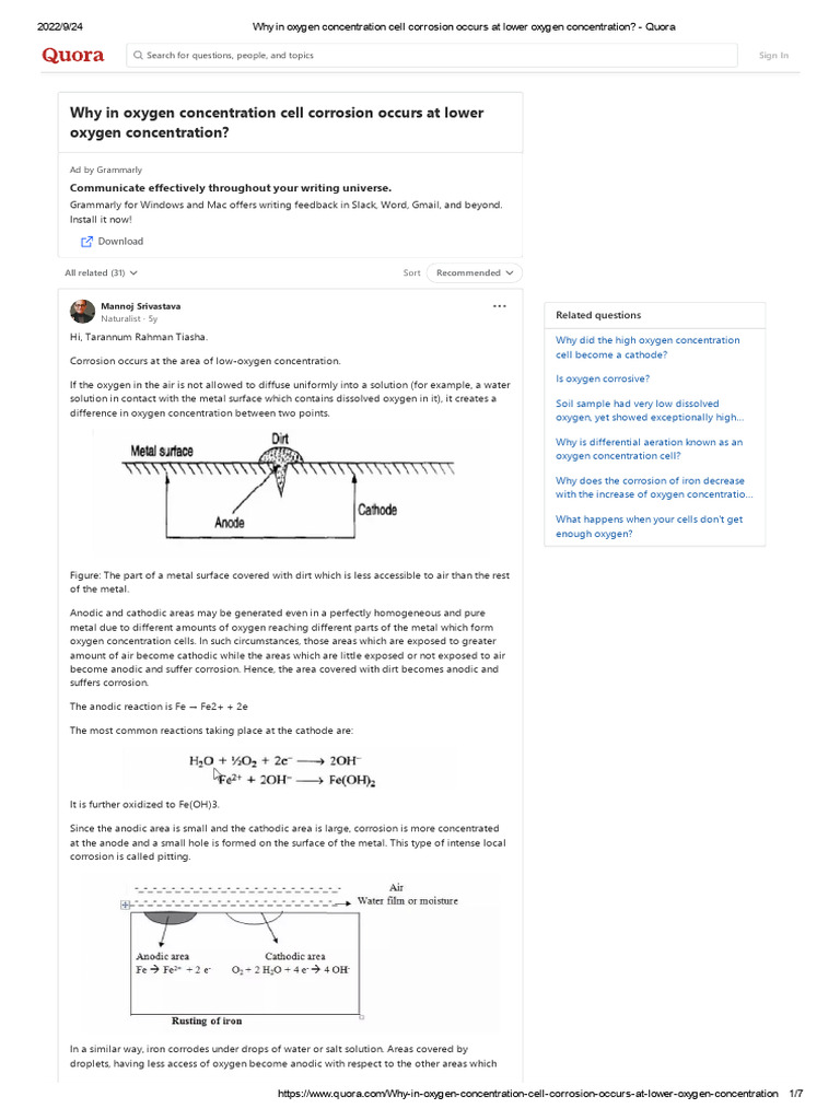 Why in Oxygen Concentration Cell Corrosion Occurs at Lower Oxygen ...