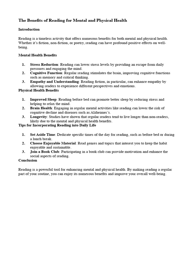 The Benefits of Reading For Mental and Physical Health | PDF