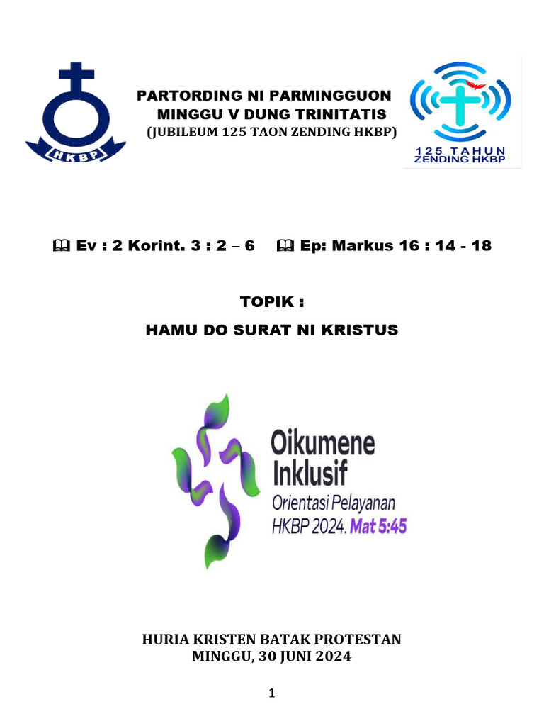 Minggu V Dung Trinitatis, 30 Juni 2024 Jubileum 125 Zending HKBP | PDF
