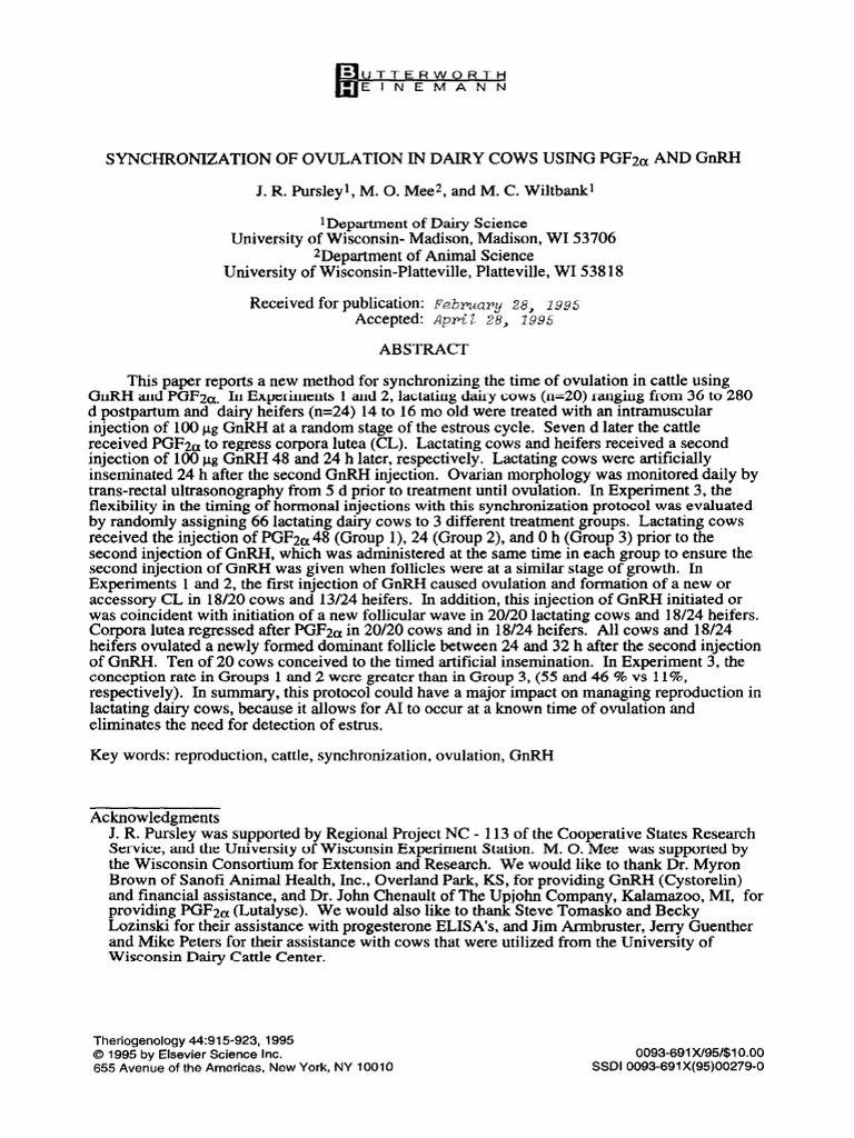 PURSLEY & WILTBANK 1995 Synchronization of Ovulation in Dairy Cows Using PGF and GNRH | PDF ...