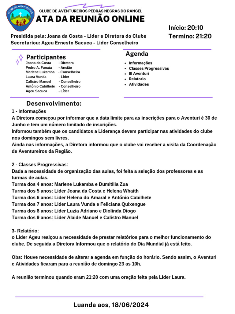 Ata da Reunião do Clube de Aventureiros | PDF