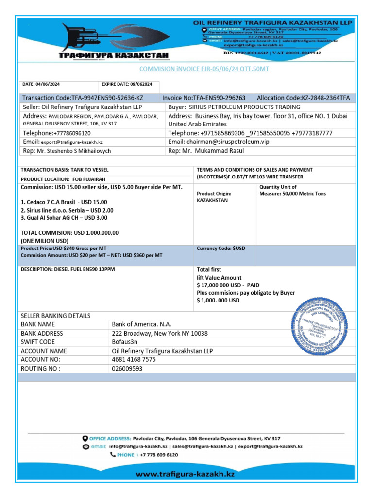 Trafigura Commission Invoice EN590 Diesel | PDF | United States Dollar ...