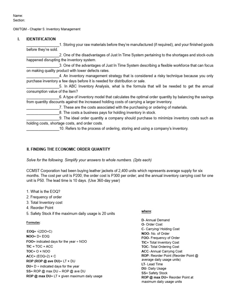 Om Chapter 5 Quiz | PDF | Inventory | Business Economics