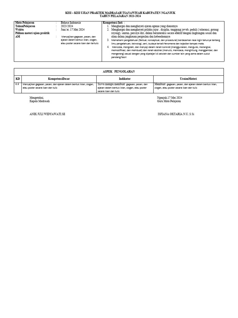 Kisi-Kisi Ujian Praktek Bahasa Indonesia 2023-2024 | PDF | Karier & Perkembangan