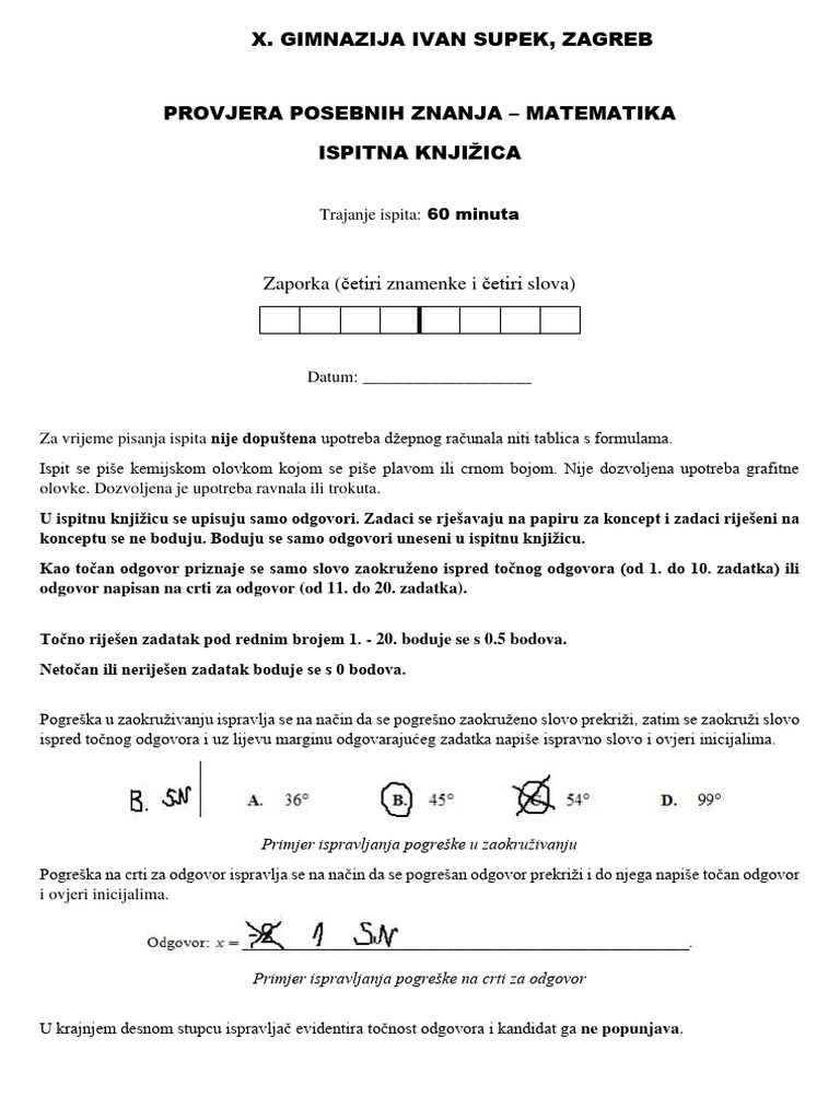X 2022 - Primjer - Provjere - Posebnih - Znanja - Matematika - 2022 | PDF