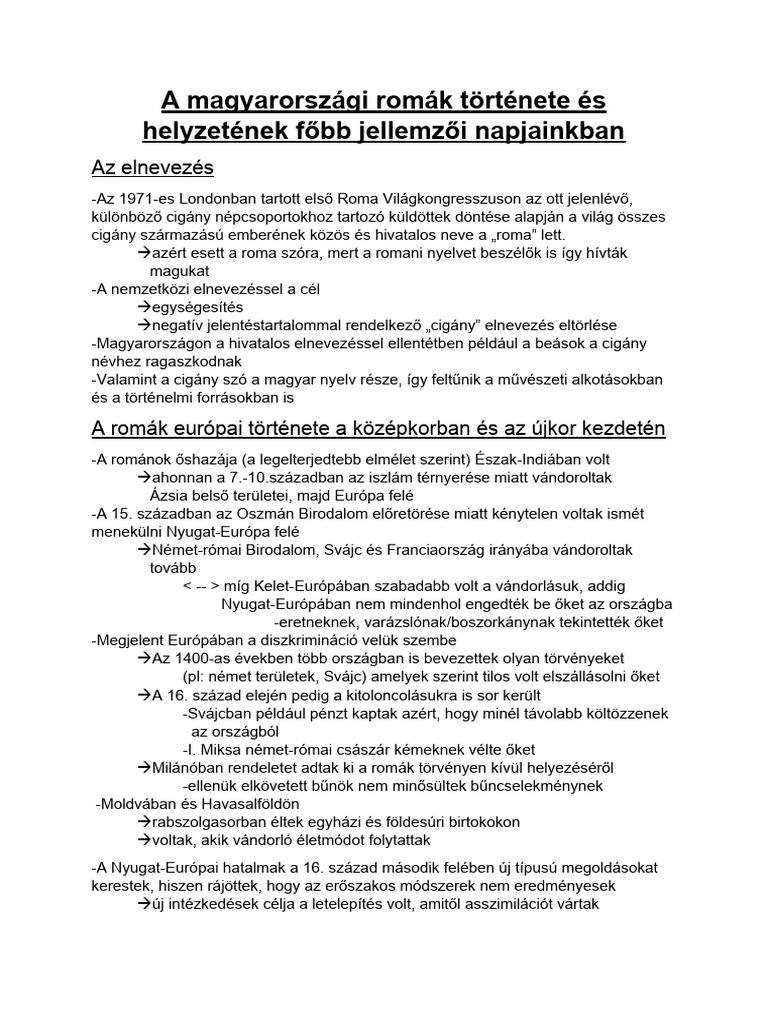 A Magyarországi Romák Története És Helyzetének Főbb Jellemzői ...
