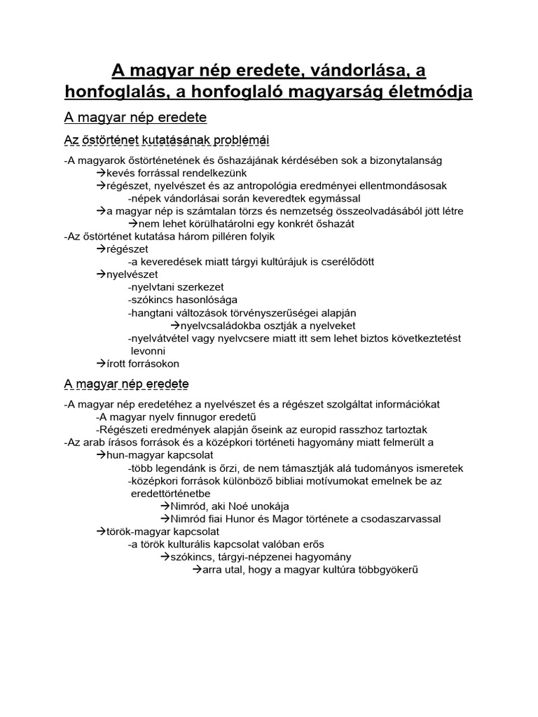 A Magyar Nép Eredete, Vándorlása, A Honfoglalás, A Honfoglaló Magyarság Életmódja | PDF