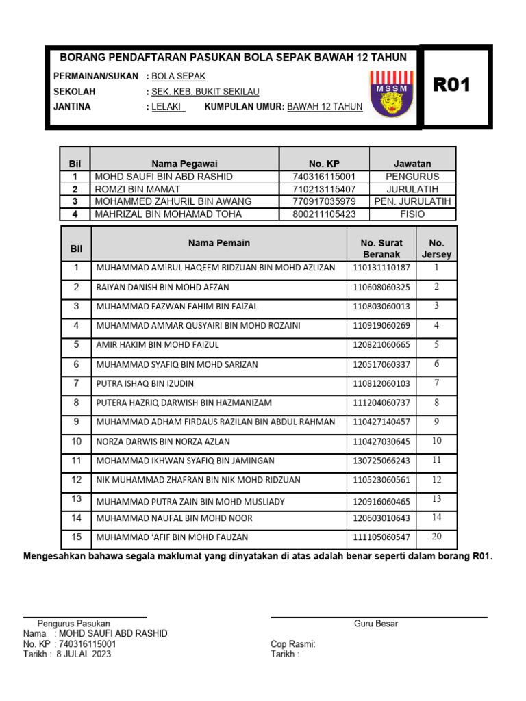 Borang Pendaftaran Pasukan Bola Sepak Bawah 11 Tahun SKBS 2022 | PDF