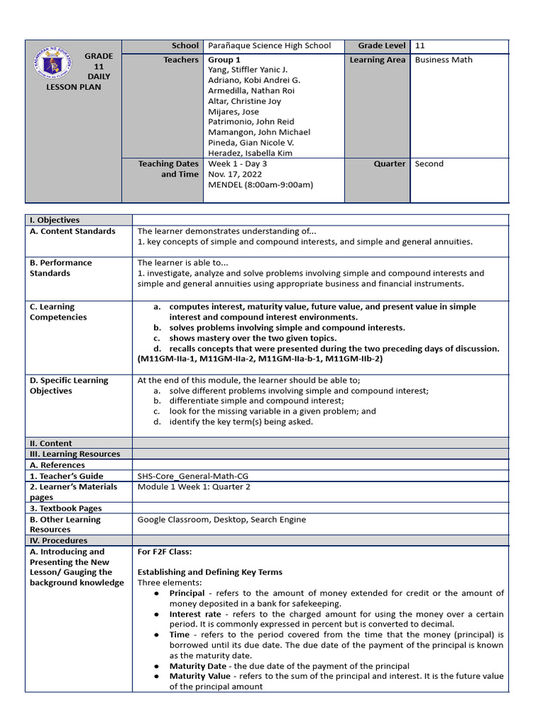 Grade 11 Business Math Lesson Plan | PDF | Interest | Compound Interest