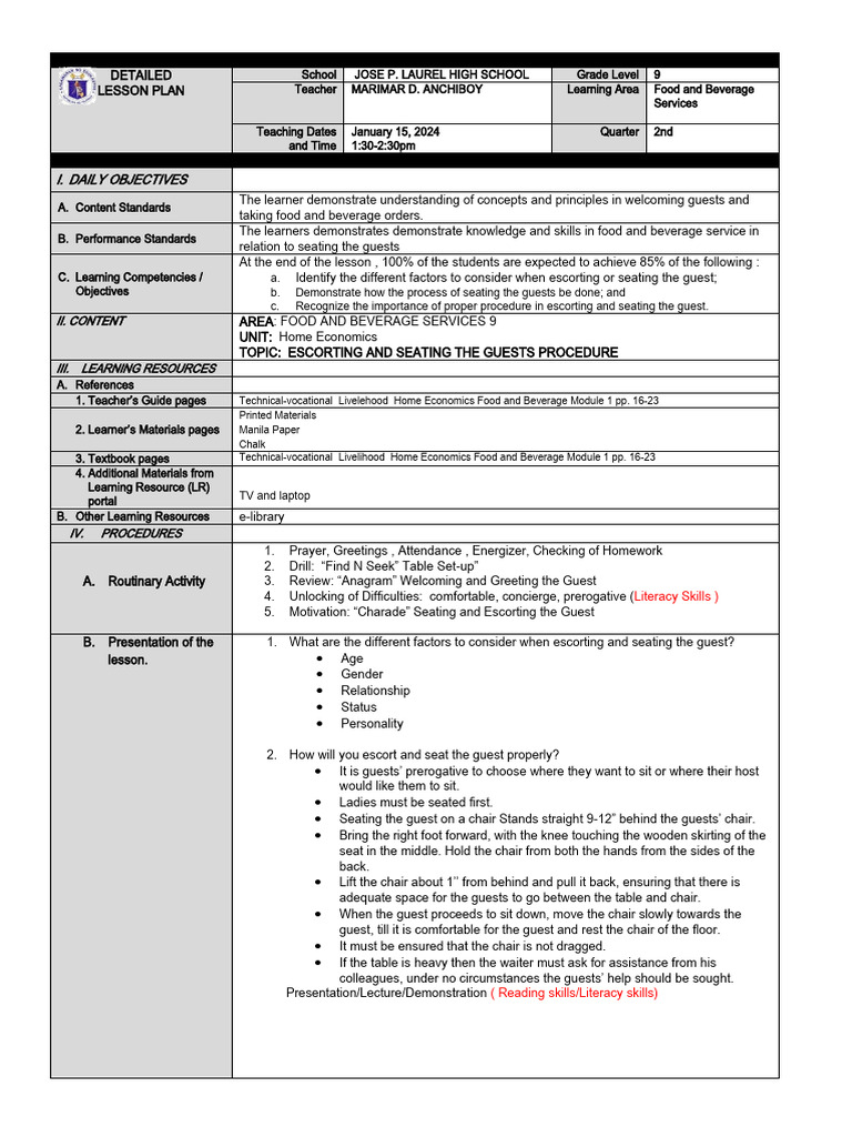 DLP - CO2 - Escorting and Seating The Guest | PDF | Learning | Lesson Plan