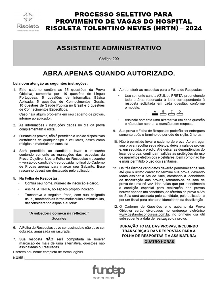 200 - Assistente Administrativo | PDF | Custo de vida | Despesa