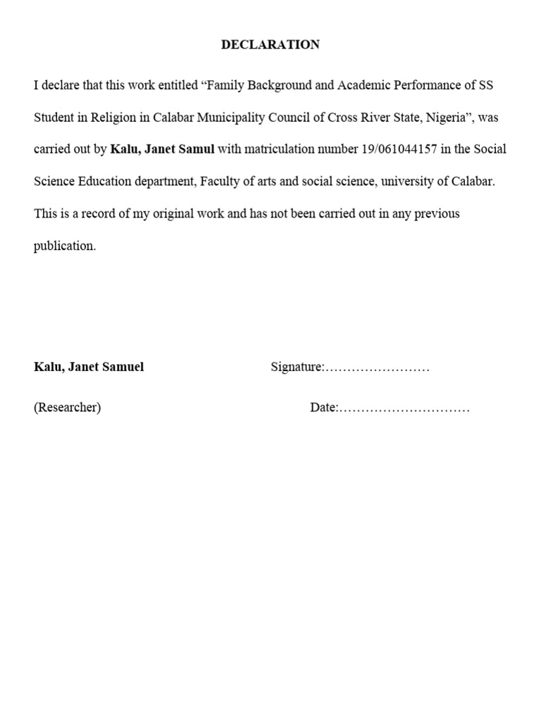 Kalu Janet Samuel Project Work | PDF | Family | Learning
