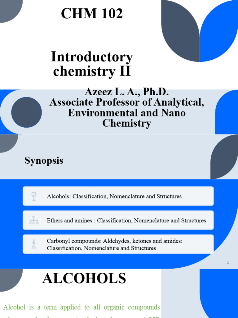 CHM 102 Alcohols, Ethers and Carbonyl Compounds | PDF | Amine | Ether