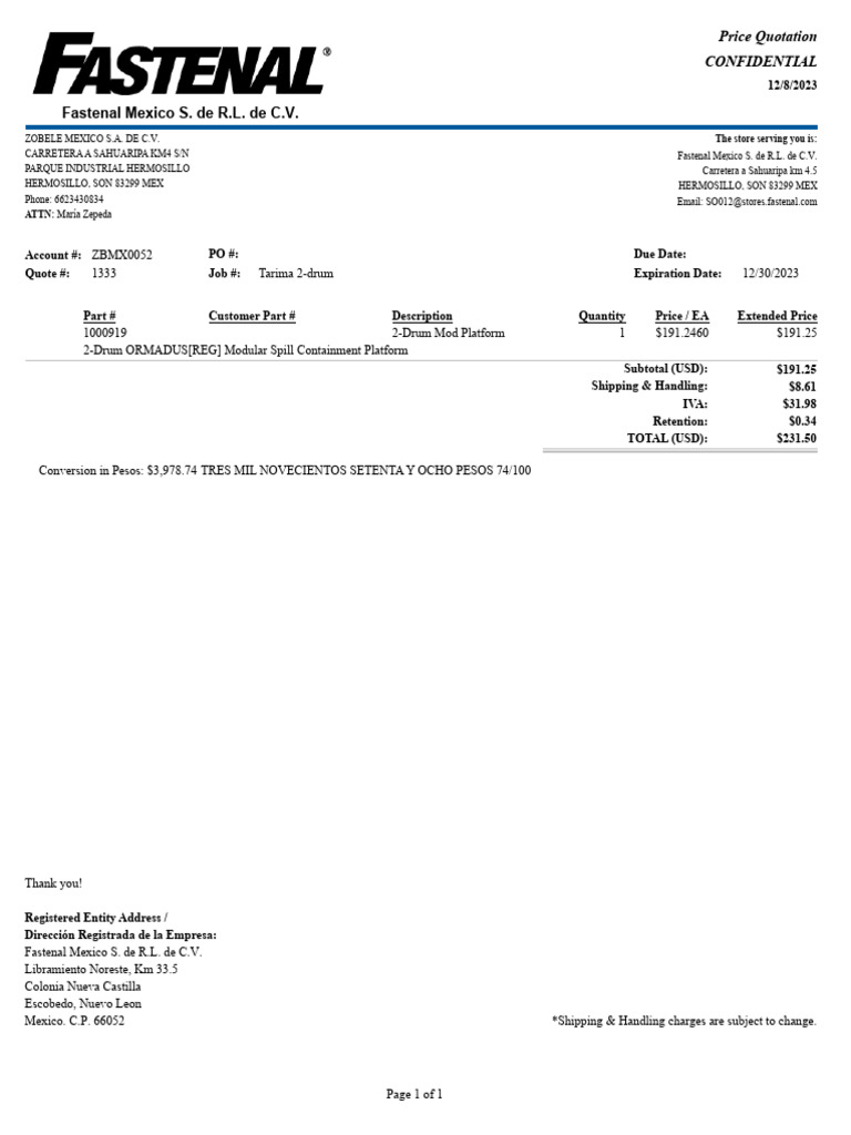 Fastenal Mexico Price Quotation 2023 | PDF