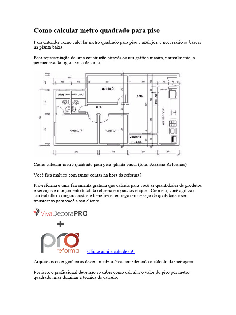 Exemplo de Como Calcular Metro Quadrado para Piso - Curso Tecnico Design de Inteiores | PDF ...