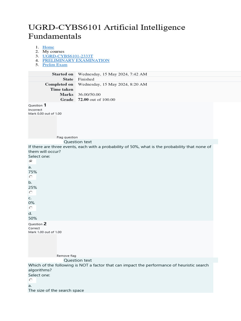 Artificial Intelligence Fundamentals Prelim Lec Exam Answers 72% | PDF ...