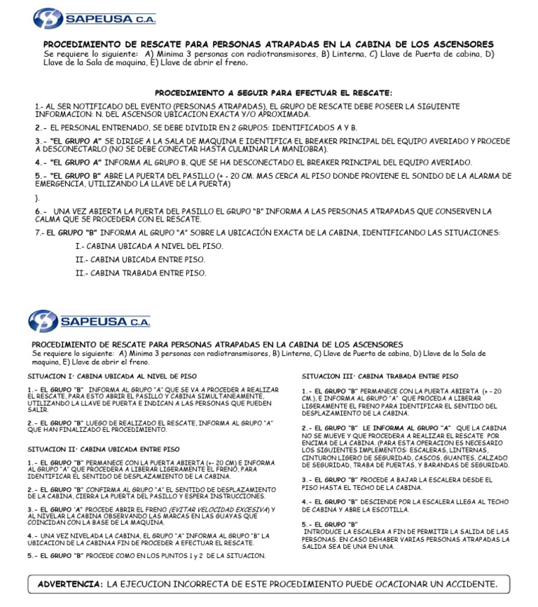 Protocolo Rescate en Cabinas | Descargar gratis PDF | Ascensor