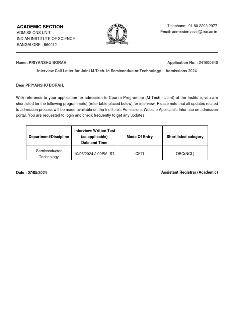 IISc M.Tech Interview Call Letter 2024 | PDF | Technology & Engineering