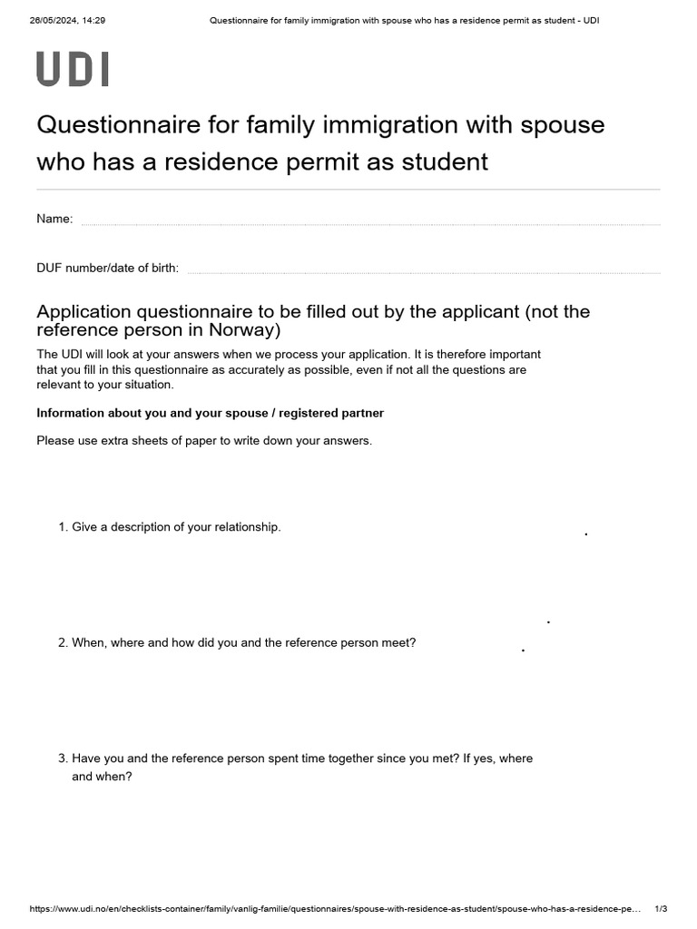 Questionnaire For Family Immigration With Spouse Who Has A Residence Permit As Student - UDI ...
