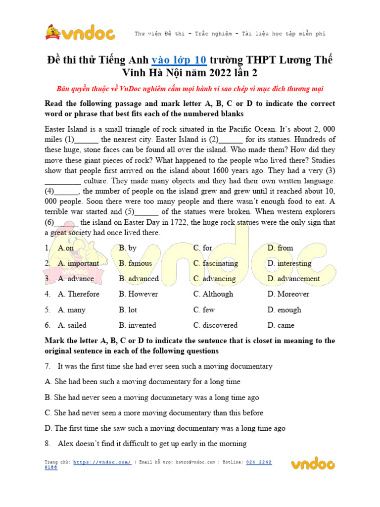 De Thi Thu Tieng Anh Vao Lop 10 Truong THPT Luong The Vinh Ha Noi Nam 2022 Lan 2 | PDF
