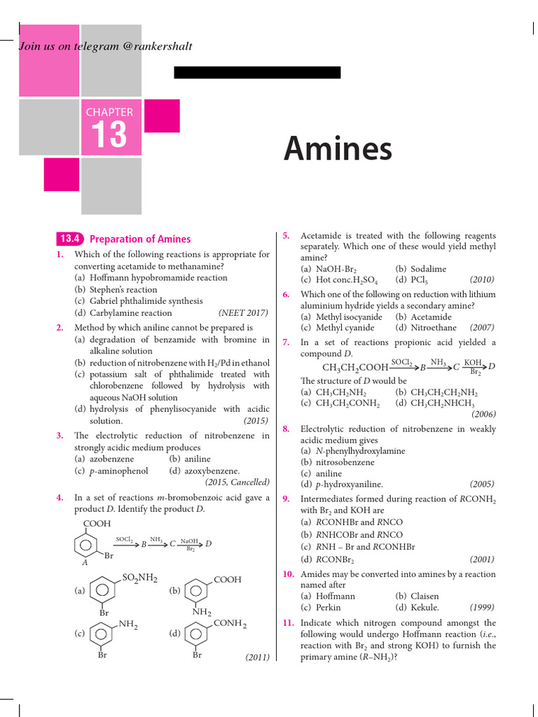 Amines Past NEET papers | Download Free PDF | Amine | Hydrogen Compounds