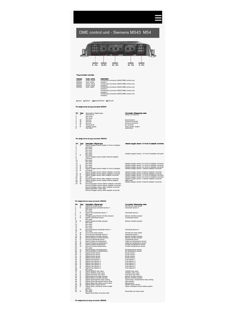 MS43 DME Connector Pinout Guide | PDF | Throttle | Electrical Connector