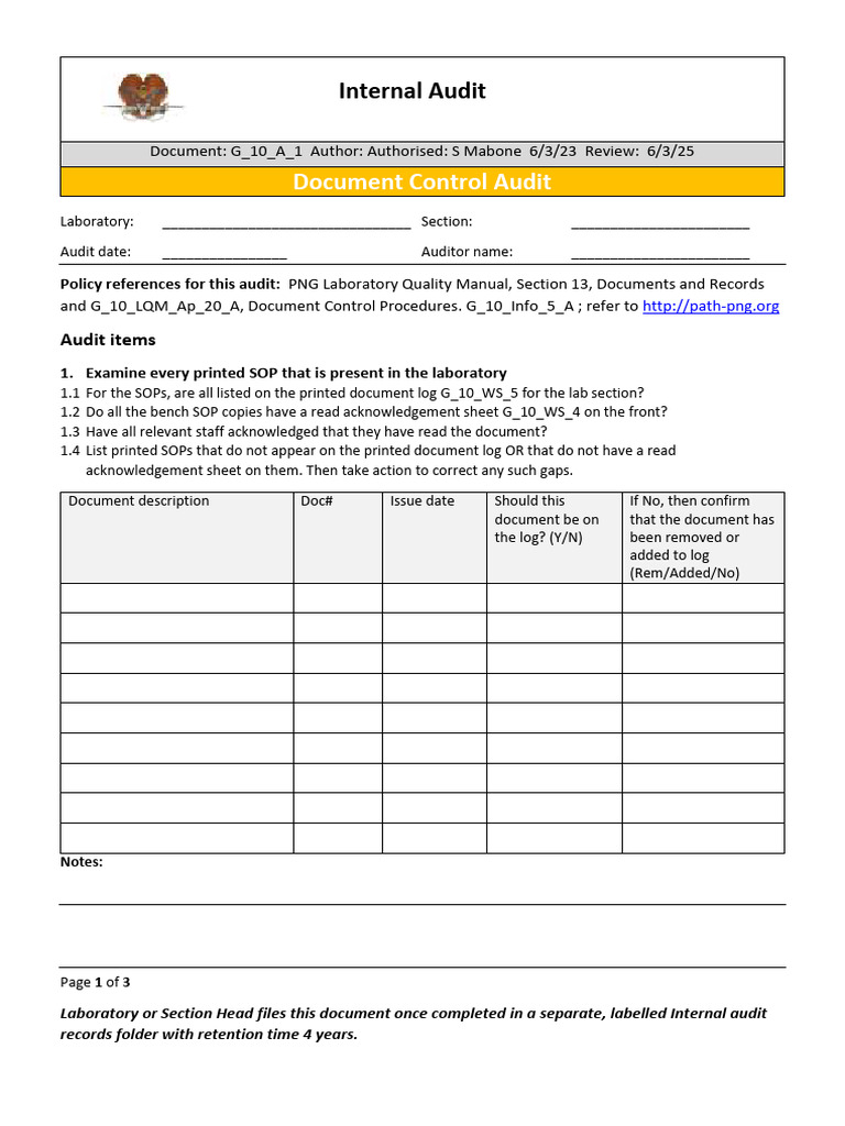 Internal Audit Document Control Checklist | PDF | Audit
