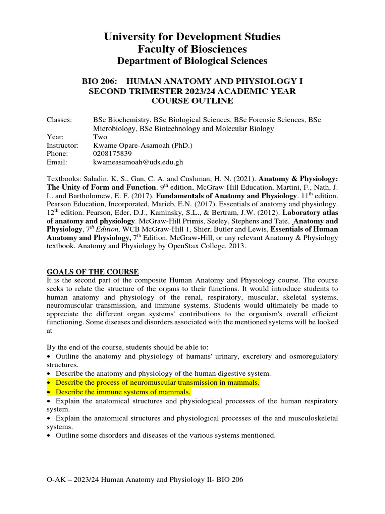 BIO 206 Human Anatomy Physiology II Course Outline FBS | PDF | Anatomy ...