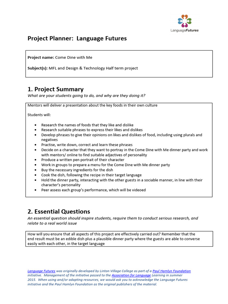 Come Dine With Me Project Plan | PDF | Learning | Language Acquisition