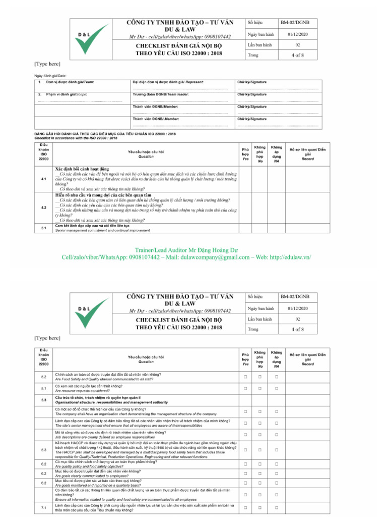 Audit Check List ISO 22000-2018 | PDF