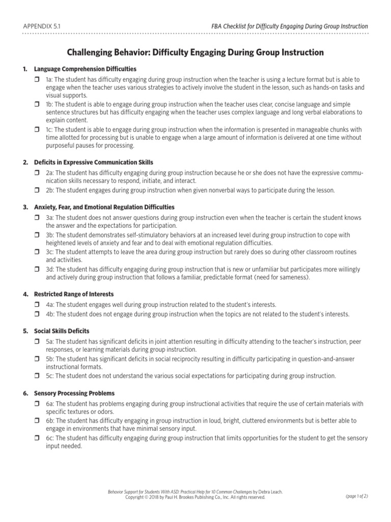 Appendix 5.1 Fba Checklist For Difficulty Engaging During Group ...