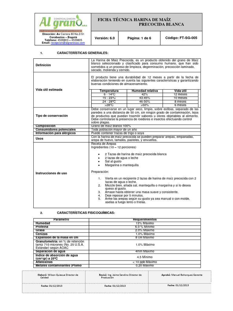 FichaTécnicaSG005 Hna Precocida Blanca | PDF | Maíz | Harina