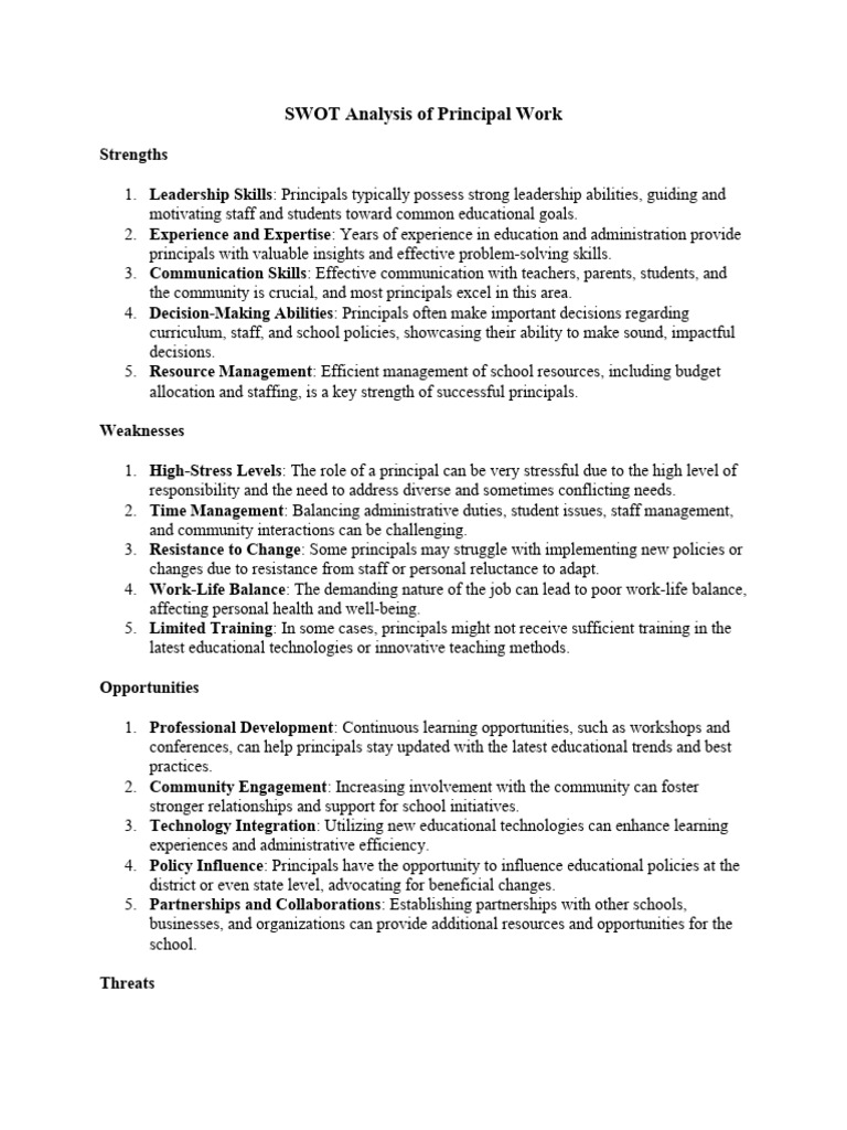 Swot Analysis Of Principal Work Pdf Educational Technology Policy