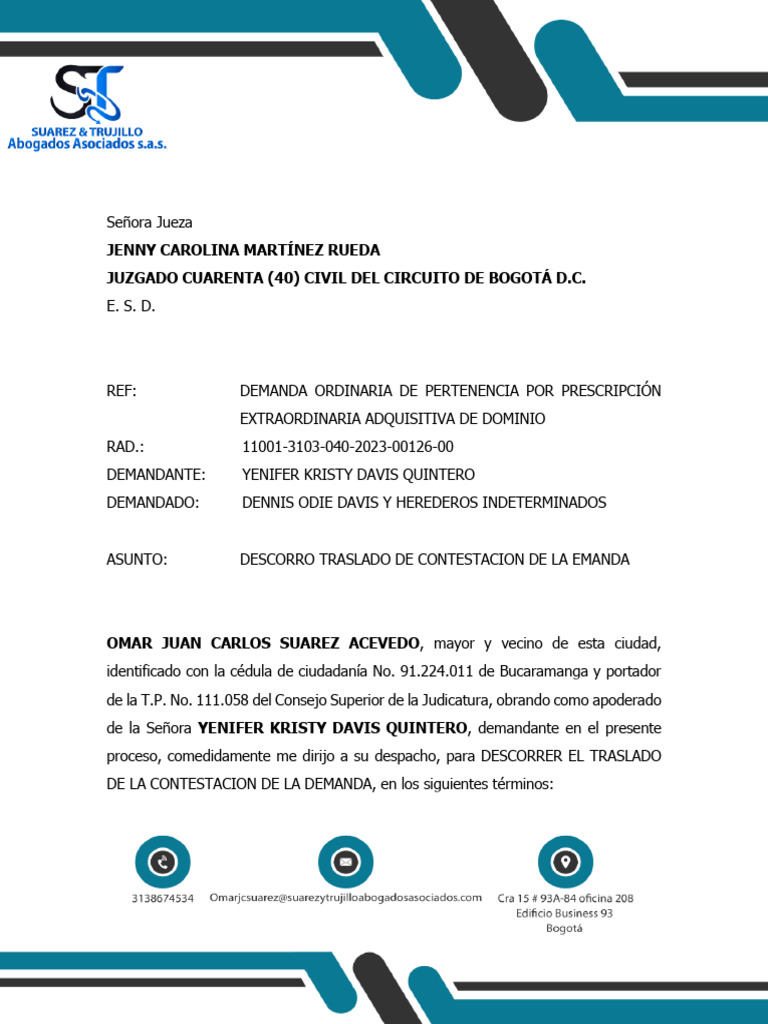 Descorrer de La Contestacion de La Demanda Jennifer 2023-00126-00 | PDF ...