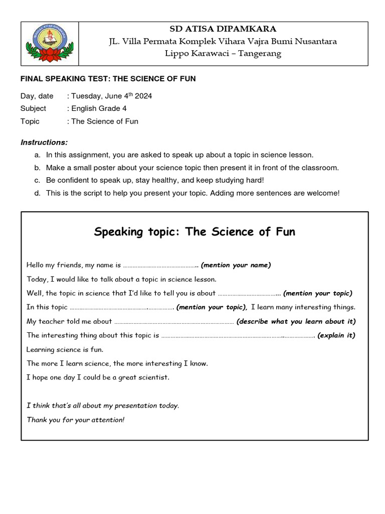 Final Speaking Test Grade 4 | PDF | Language Arts & Discipline