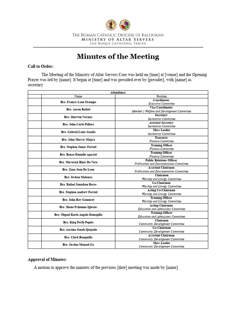 Minutes of The Meeting Template For Core | PDF | Catholic Liturgy | Rituals