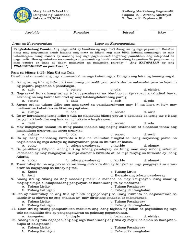 Grade 10 3rd Quarter Exam Final | PDF
