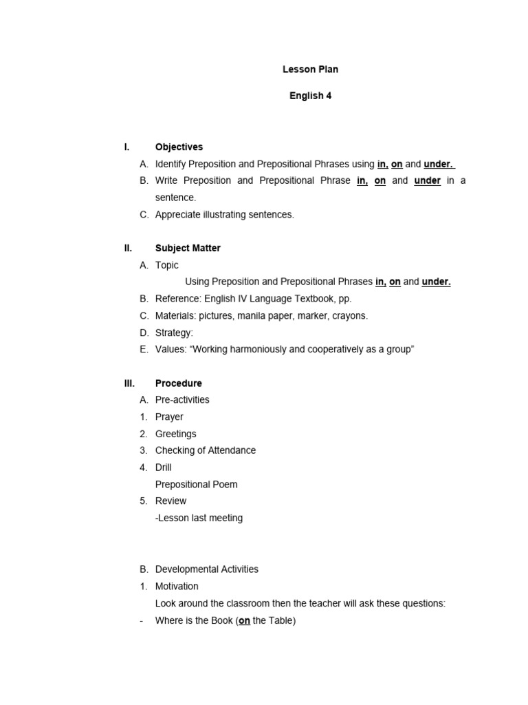 Teaching Prepositions: In, On, Under | PDF | Preposition And ...
