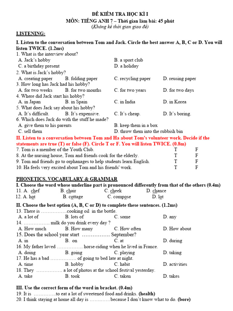 De KT Cuoi Ky I Anh 7 | PDF