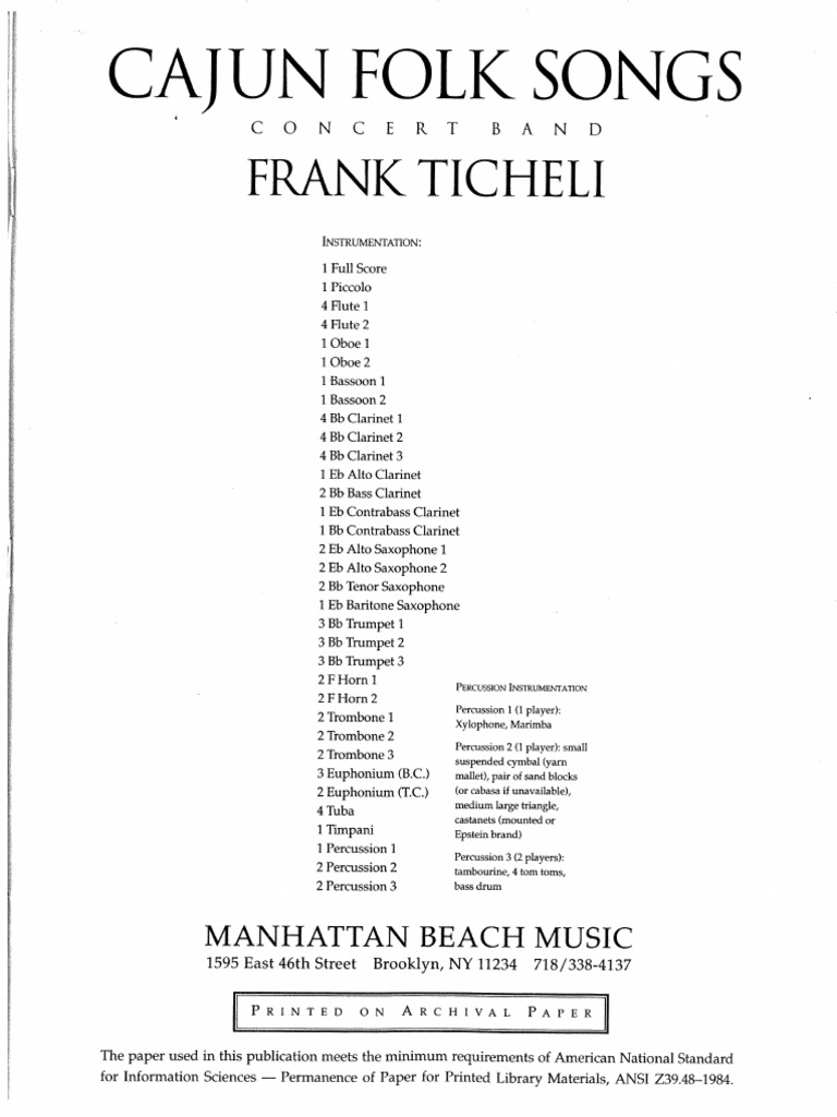 Ticheli-Cajun Folk Songs | PDF