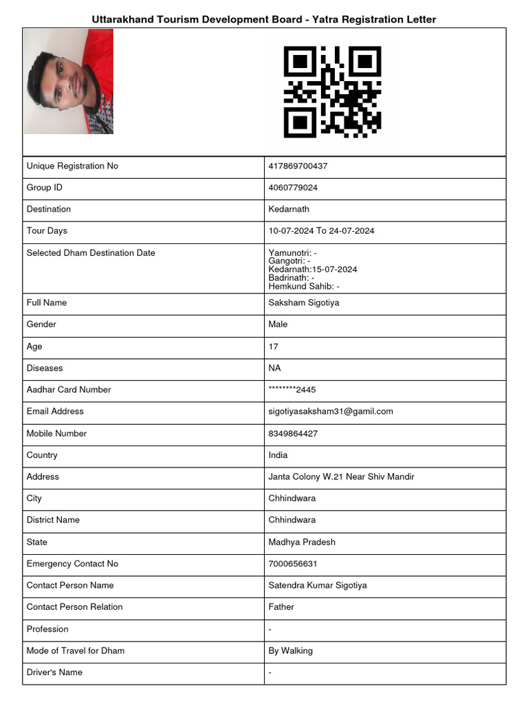 Uttarakhand Tourism Development Board - Yatra Registration Letter | PDF