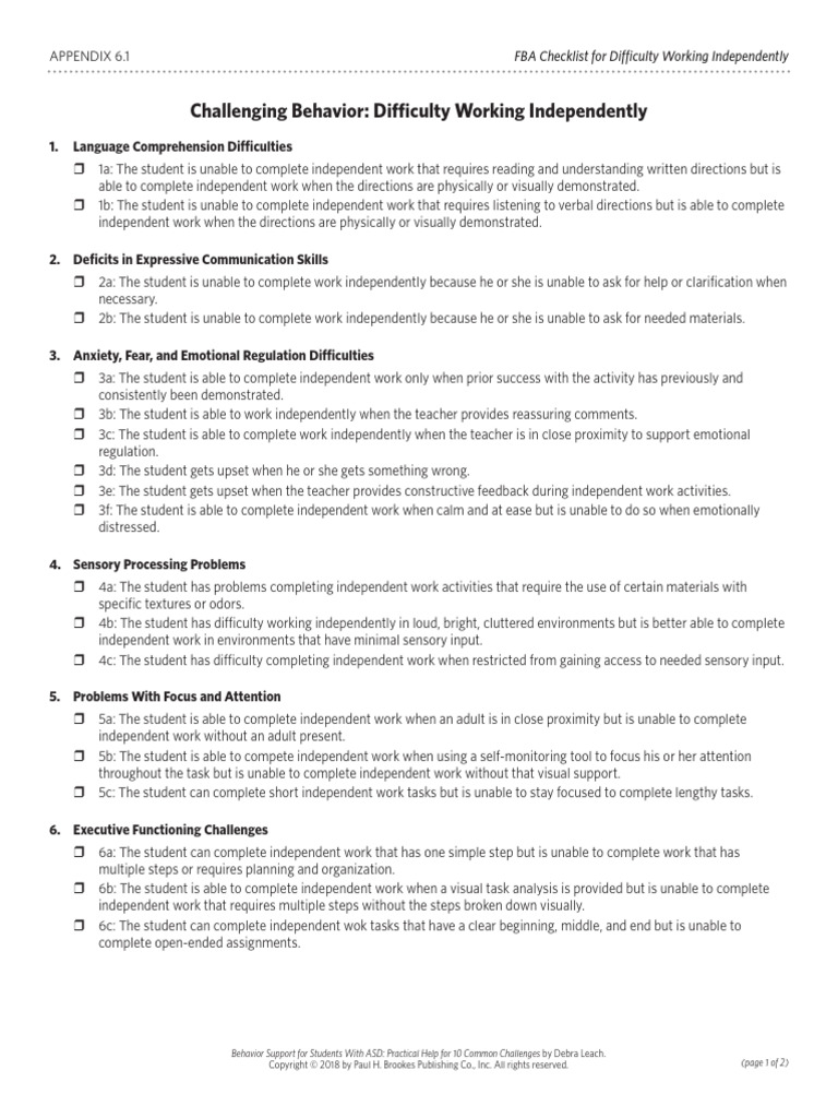 Appendix 6.1 Fba Checklist For Difficulty Working Independently | PDF ...
