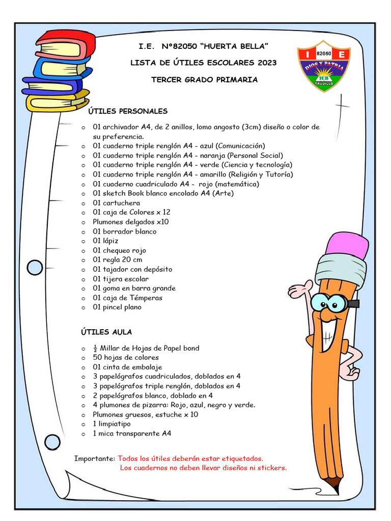 LISTA DE ÚTILES - Tercer Grado | PDF | Hogar, jardinería y bricolaje | Arte