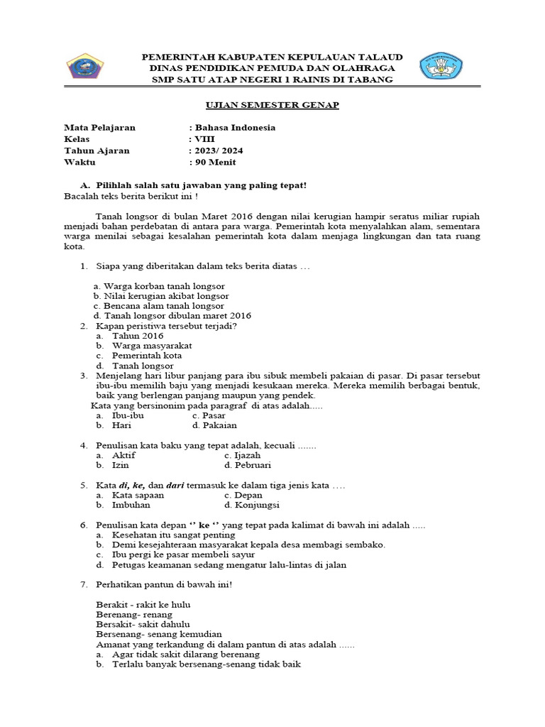 Soal BHS Indo Kelas 8 Smes 2 2024 | PDF