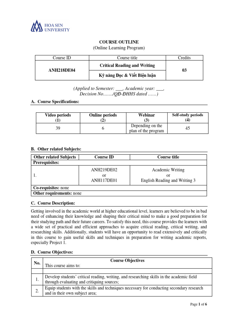 01 - Course Outline - CRW - Online Version | PDF | Educational ...