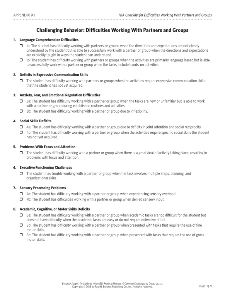 Appendix 9.1 Fba Checklist For Difficulties Working With Partners and ...
