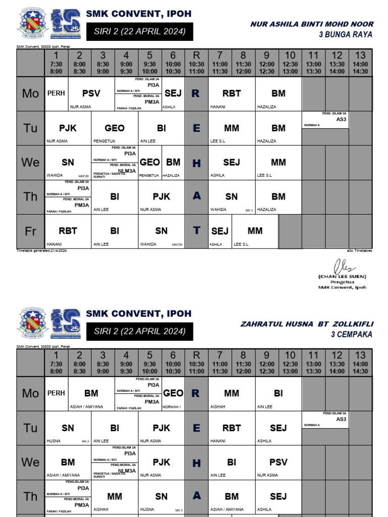 SMK Convent Ipoh Timetable April 2024 | PDF
